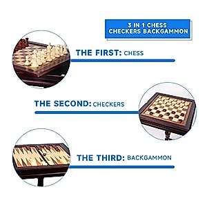 GSE Wooden 3-in-1 Chess Checkers Backgammon Table, Chess Checkers Backgammon Combo Game Set, Wood Chess Table Set for Family Board Games