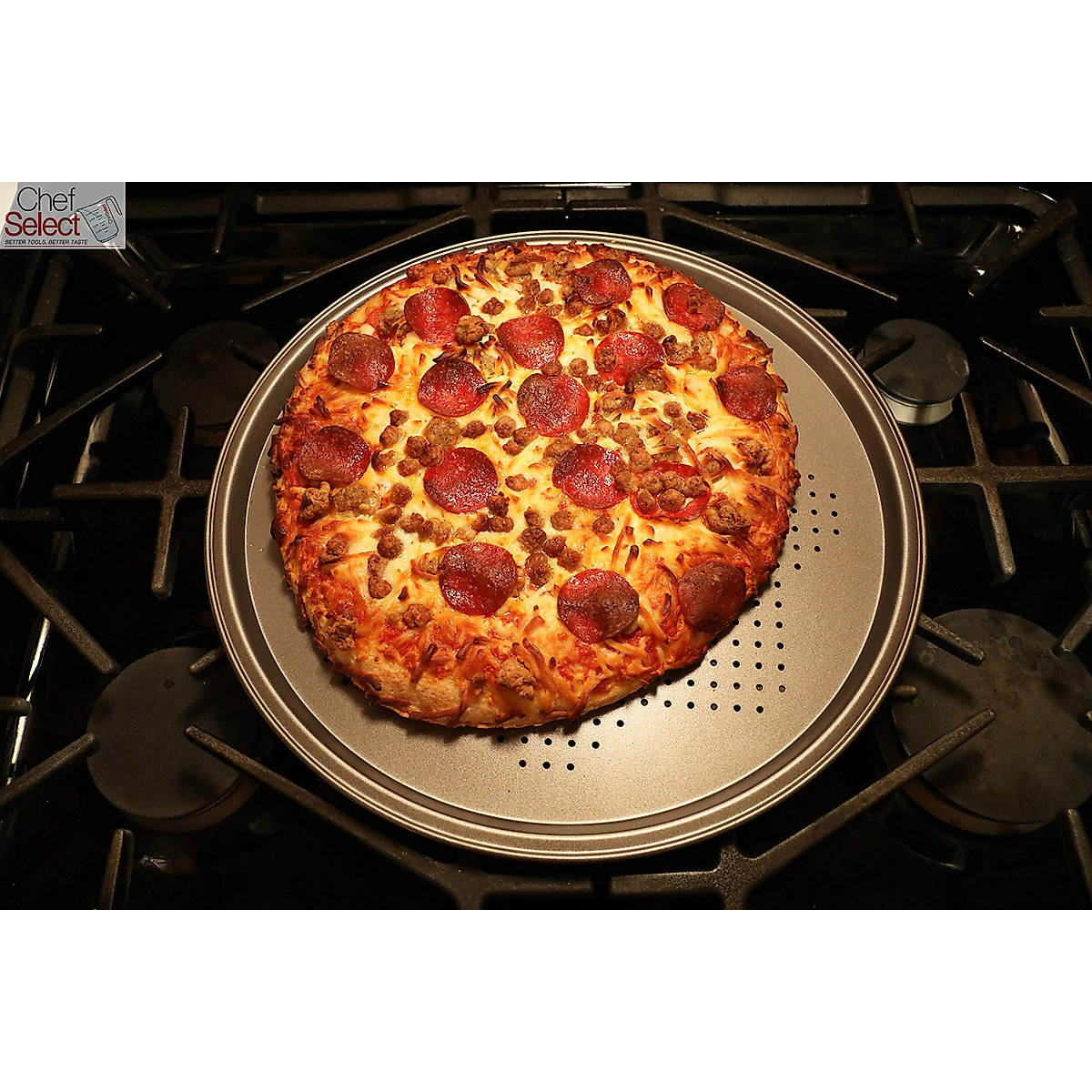 Chef Select Pizza Crisper Pan, 14-Inch Round, Large Size, Steel, Non-Stick, Perforated - Pizza, Fries, Bread, Large Cookies