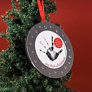 Lil Peach My First Christmas Baby’s Print Ornament, Newborn Handprint Or Footprint Making Kit, Baby Holiday Christmas Tree Keepsake Ornament, Included No-Mess Clean Touch Ink Pad, Silver Stars