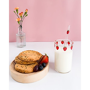 Kreapa strawberry cups 2 SetsCute glass strawberry cups 300ML straw glass cups, Cute strawberry pattern glass bottles for water milk tea, coffee juice tea cups （2pcs）