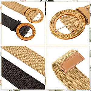 SATINIOR 2 Pieces Women Straw Woven Elastic Stretch Waist Belt Skinny Dress Braided Waist Belt with Wooden Style Buckle (Black and Khaki)