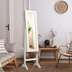 Giantex Standing Jewelry Armoire with 18 LED Lights Around the Door, Large Storage Mirrored Jewelry Cabinet with Full Length Mirror, 16 Lipstick Holders, 1 Inside Makeup Mirror (White)