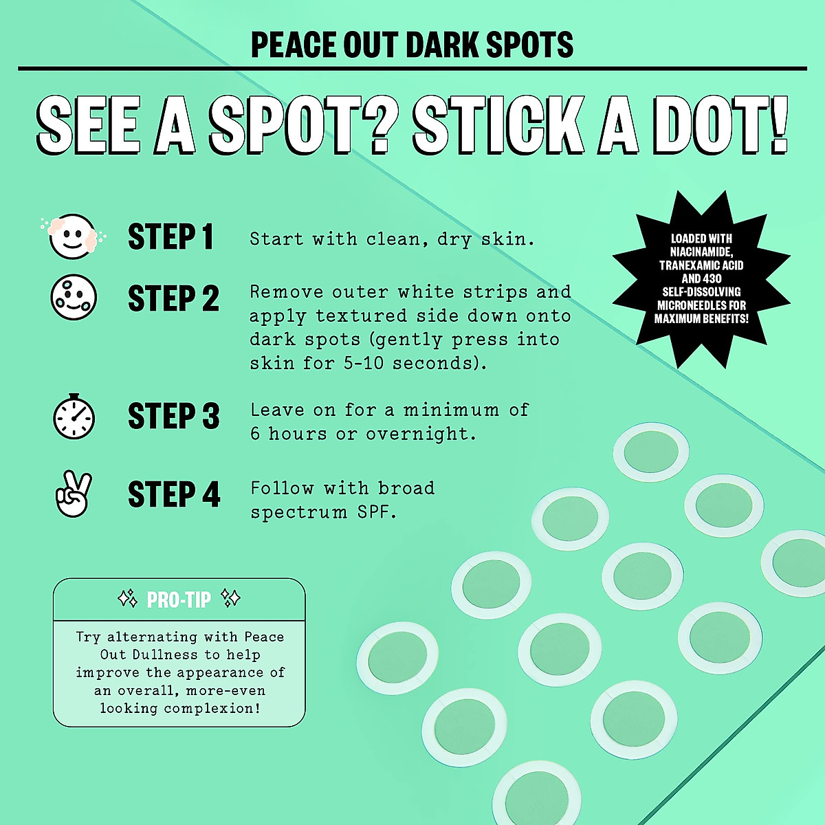 Peace Out Skincare Dark Spots. Dissolving Microstructure Dots to Reduce the Appearance of Dark Spots & Hyperpigmentation, Niacinamide Helps Reveal Clear, Even Skin (12 dots)
