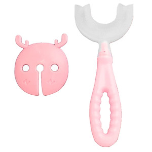 Land cast U-Shaped Toothbrush for Kids, Manual Training Tooth Brush Food Grade Soft Silicone Brush Head Baby Massage Toothbrush All-Round Cleaning (Pink)