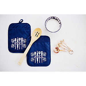 Personalized Pot Holder Blue Pocket Mitt Gift for Newlywed Kitchen Present for Women Set of 2 (Blue)