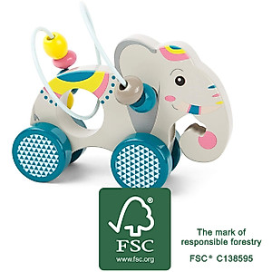 Small Foot Wooden Toys Push-Along Elephant with an Activity Loop & Beads Designed For Children 12+ Months