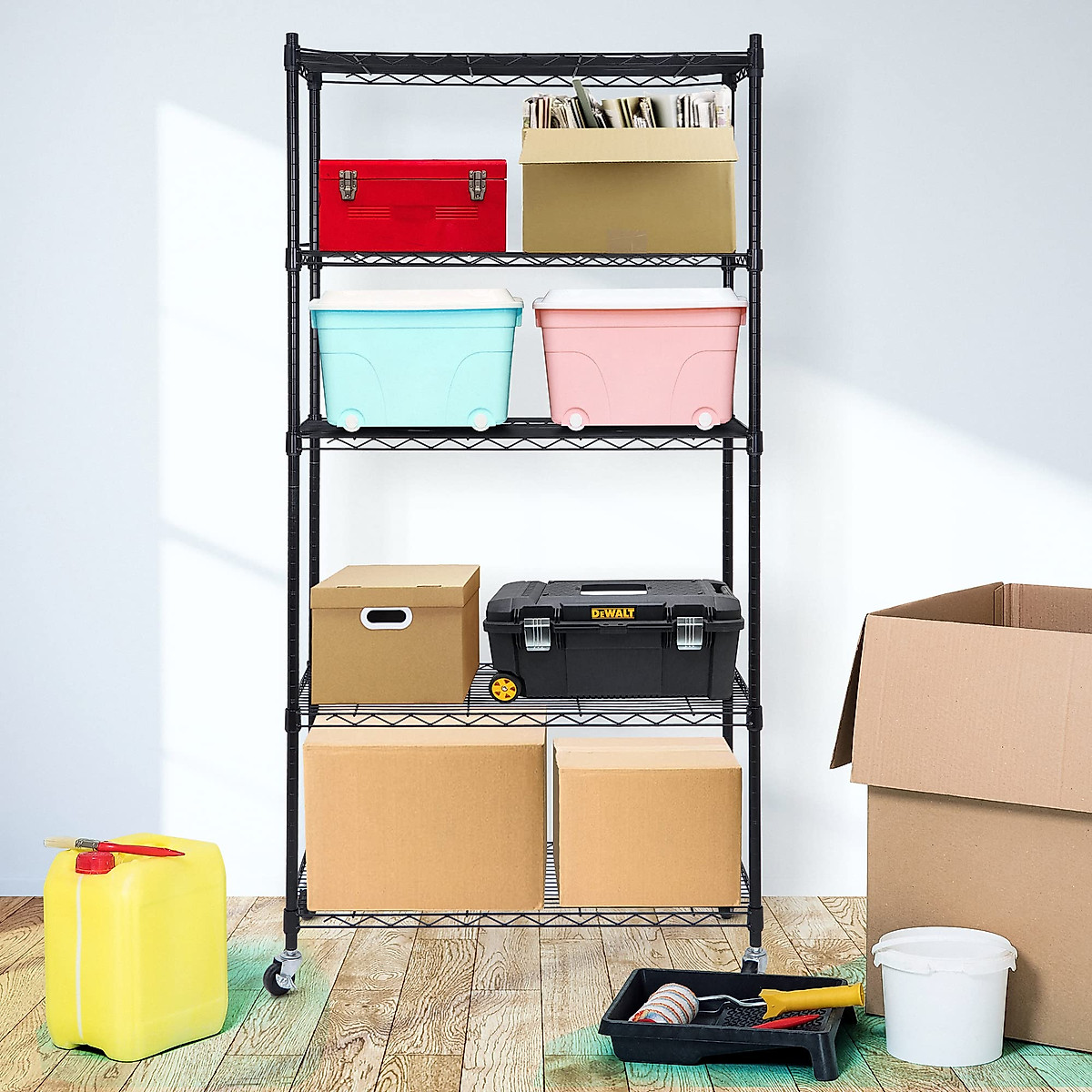 ZENY 5-Shelf Heavy Duty Shelving Storage Unit with Casters, Metal Organizer Wire Rack for Kitchen, Office, Garage, Black