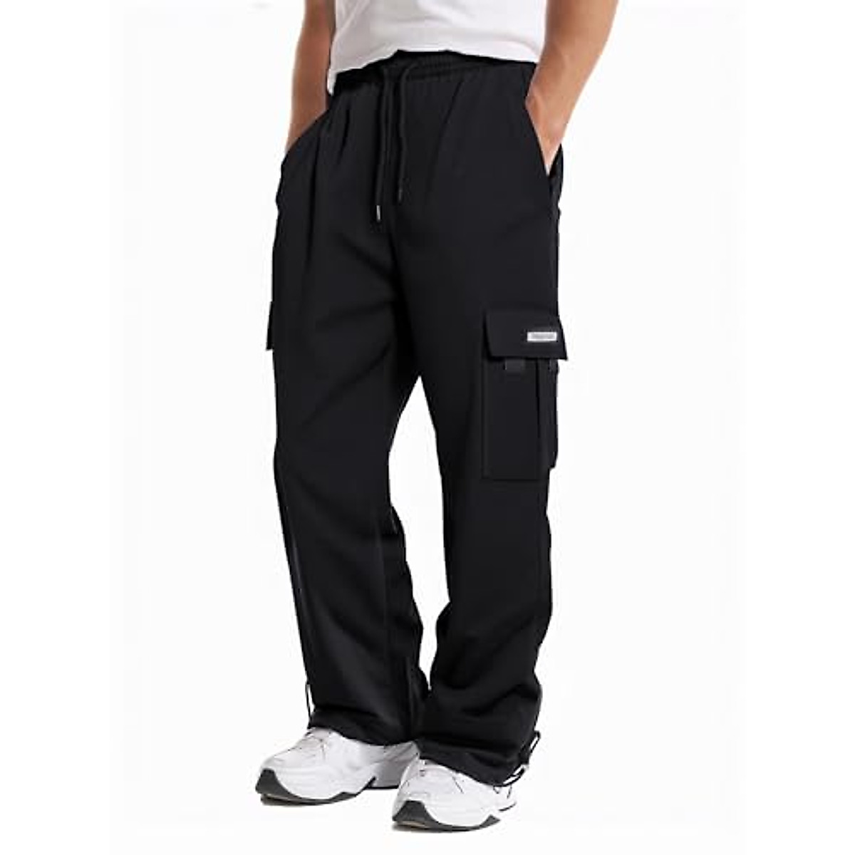 GYMBULLFIGHT Men's Cargo Sweatpants Loose Fit Pants Joggers for Men with Pockets, Open Bottom Drawstring Black