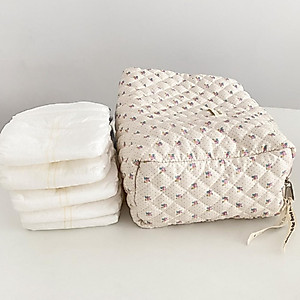 BILIPOPX 2 Pack Kawaii Cute Makeup Bag Aesthetic Travel Quilted Cotton Cosmetic Bag Organizer Toiletry Pouch for Women Teen Girls (Beige Floral)