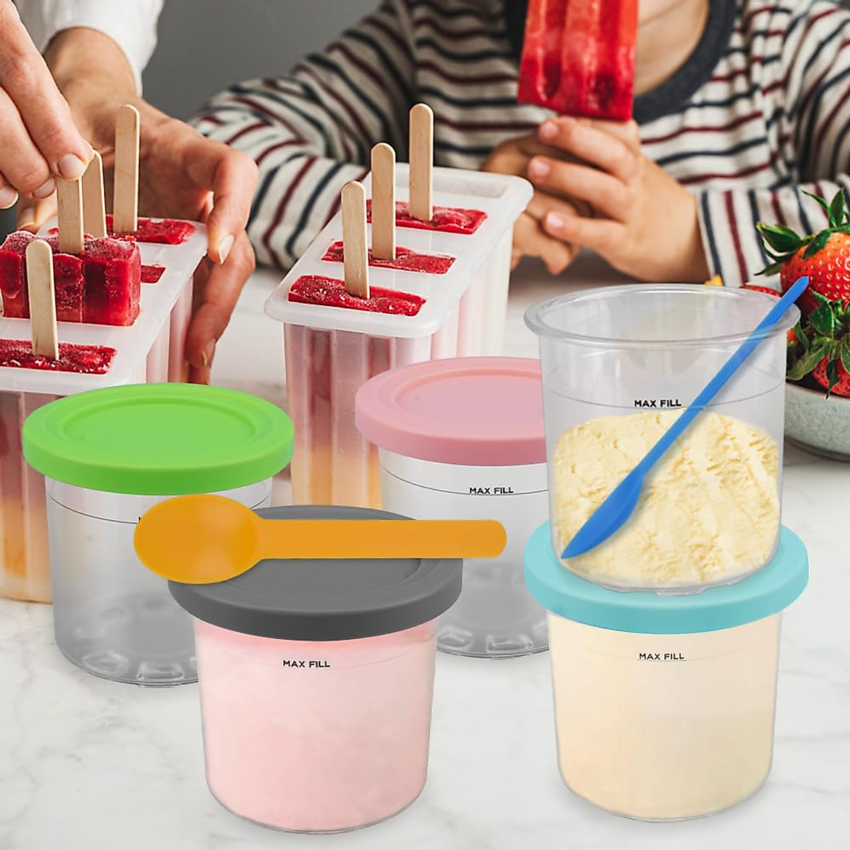 Ice Cream Pints Cup 4pcs Creami Pint Containers with Ice Cream Spoon Pint Containers Compatible fit ninj-a creami containers, creami pints for N C301 N C300 N C299AMZ Series(as shown)