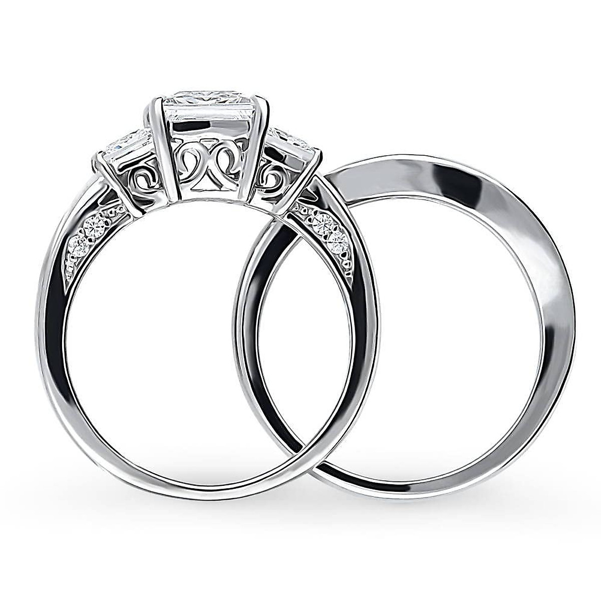 BERRICLE Sterling Silver 3-Stone Wedding Engagement Rings Princess Cut Cubic Zirconia CZ Ring Set for Women, Rhodium Plated Size 8