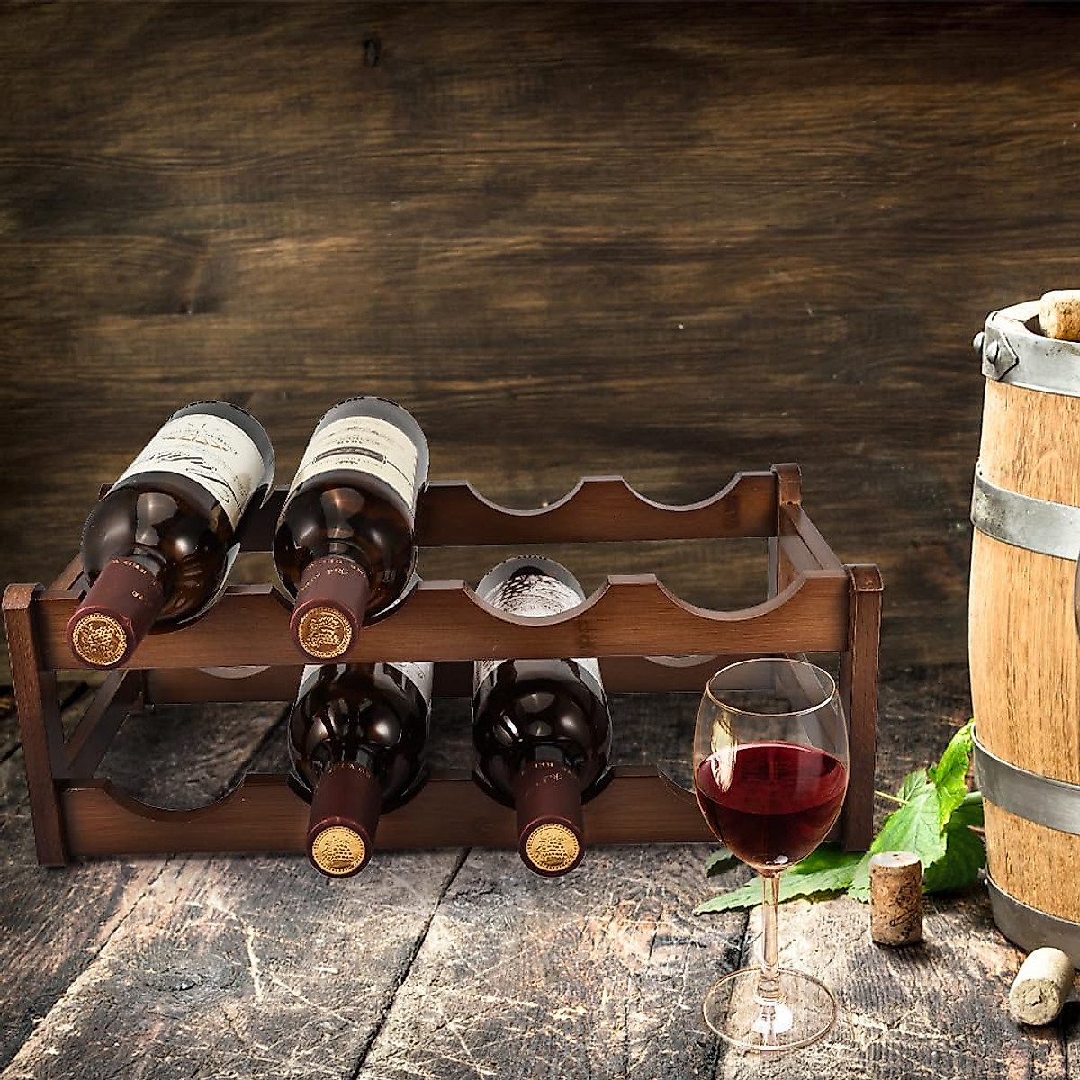 PAMISO 2-Tiers Wine Rack, 8-Bottles Bamboo Wine Stand Holder Wine Rack Countertop for Pantry, Kitchen, Bars, Wine Cellar