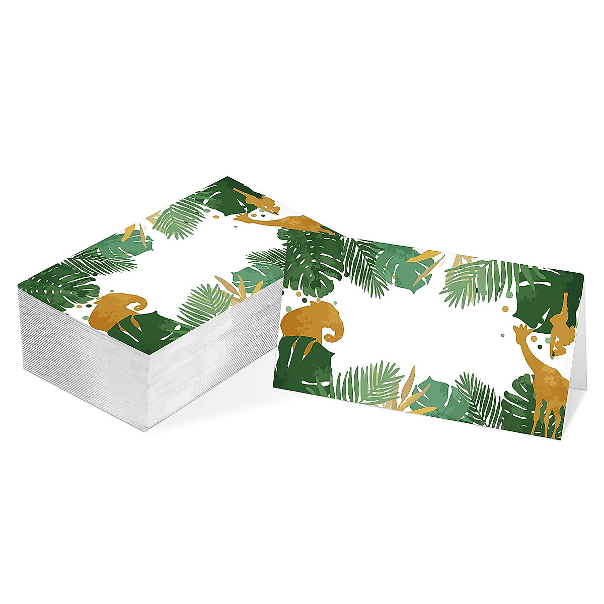 Table Place Card, Jungle Safari Animals Themed Tent Style Cards, Pack of 25 Half-Fold Reception Place Card, Gold Wild Animal Food Labels, Perfect for Baby Shower, Birthday Party C08