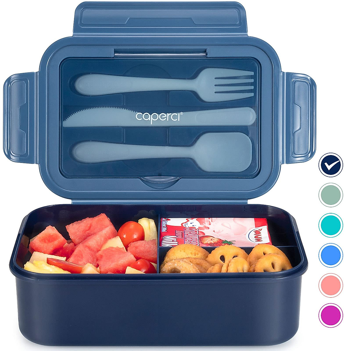 Caperci Classic Bento Box Adult Lunch Box for Older Kids - Leakpoof 47 oz 3-Compartment Lunch Containers for Adults and Teens, Built-in Utensil Set, Ideal for On-the-Go Balanced Eating, Navy Blue