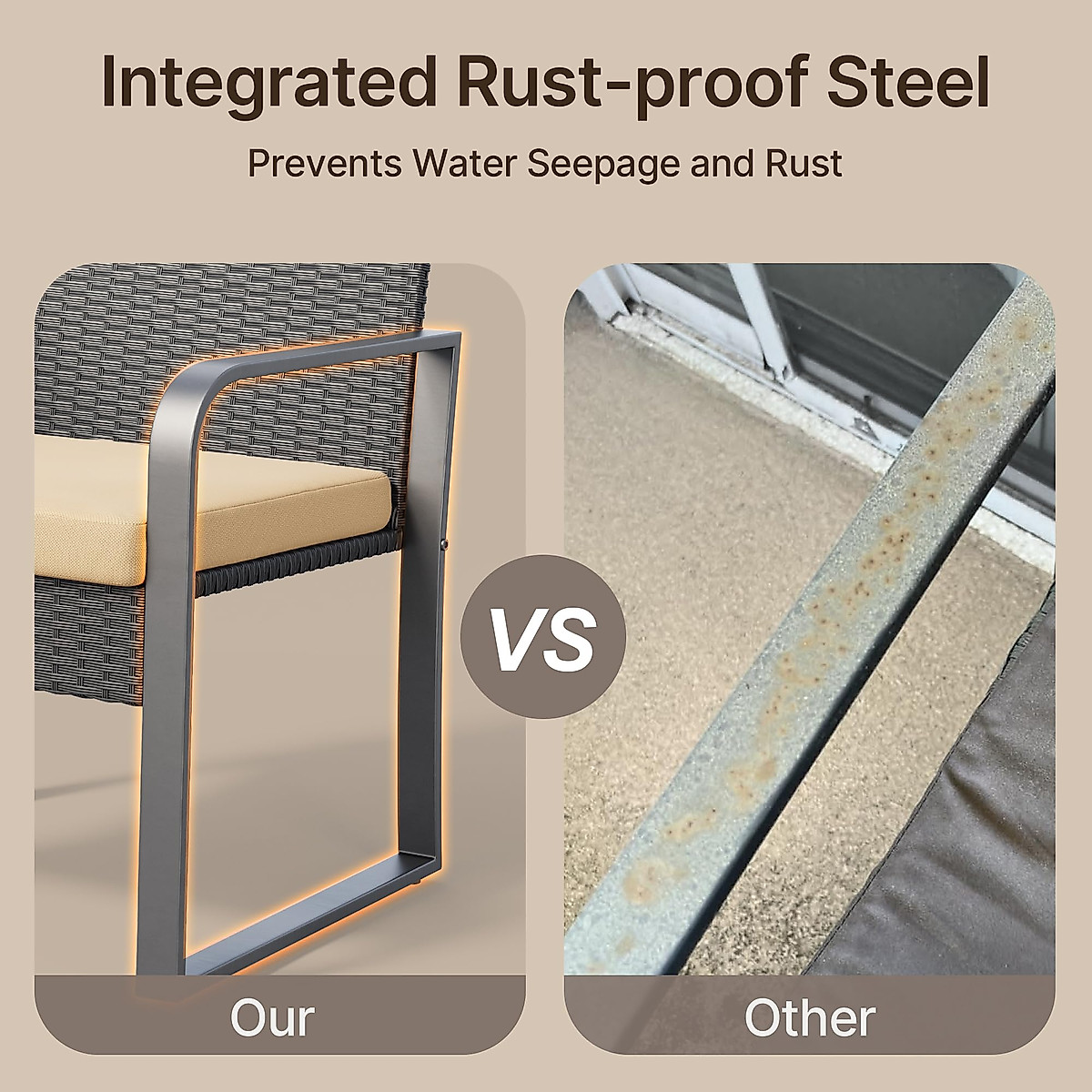 Gizoon 3 Pieces Patio Bistro Sets, Outdoor Rattan Conversation with Glass Table, Wicker Furniture Set with Cushion, for Backyard, Porch, Poolside, Lawn, Beige