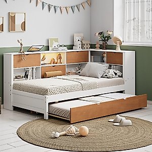 SOFTSEA Full Size Daybed with Trundle and Bookcase, Wood L-Shaped Platform Bed with Lights & USB Ports, Twin Corner Bed with Trundle and Storage Headboard for Kids Adults, No Box Spring Needed, White