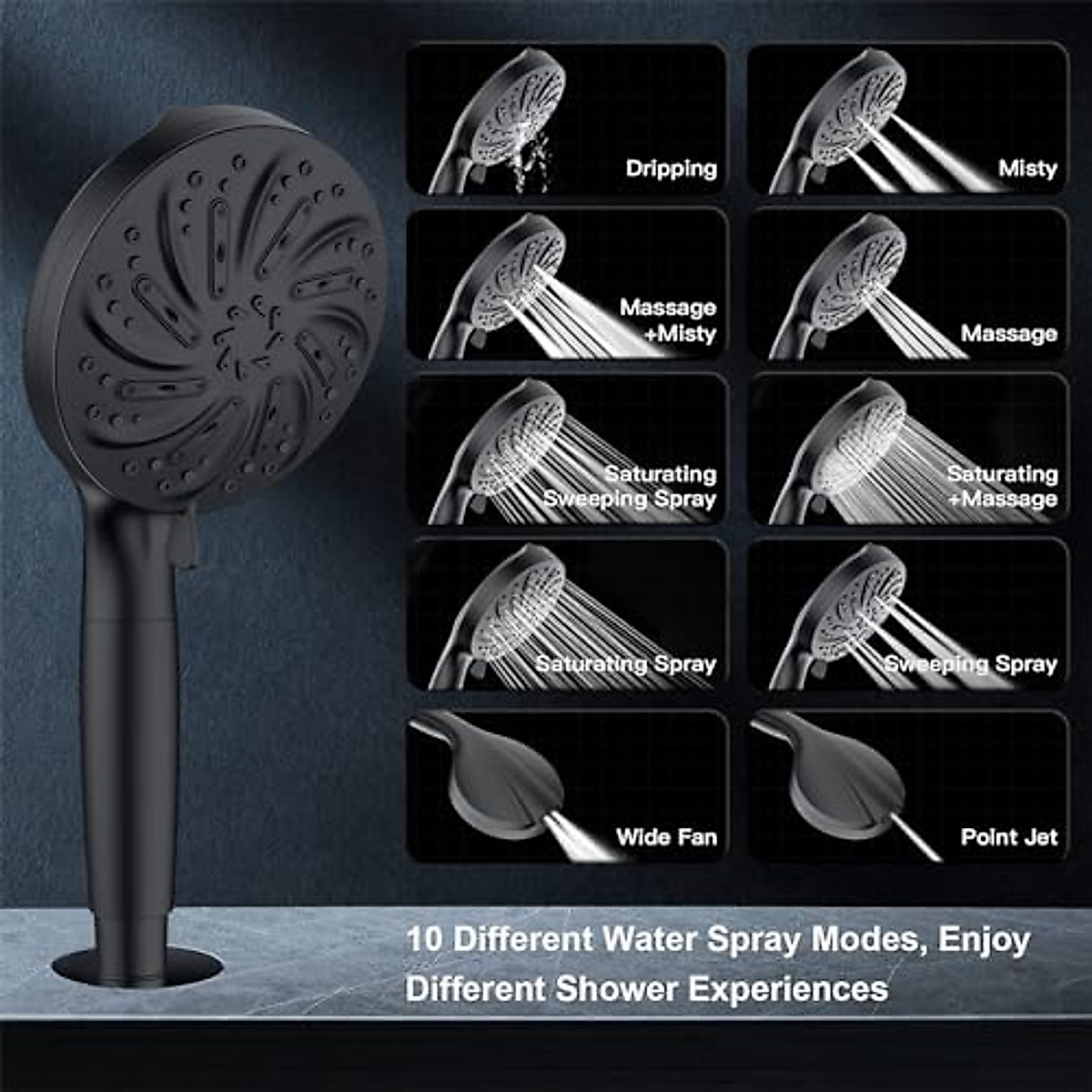 High Pressure Shower Head with Handheld - Filtered Shower Head with Pause and Jet 𝟏𝟎 Spray Modes, 5 Inch Removable Powerful High Pressure Showerhead with Extra Long Hose and Detachable Filter Wand