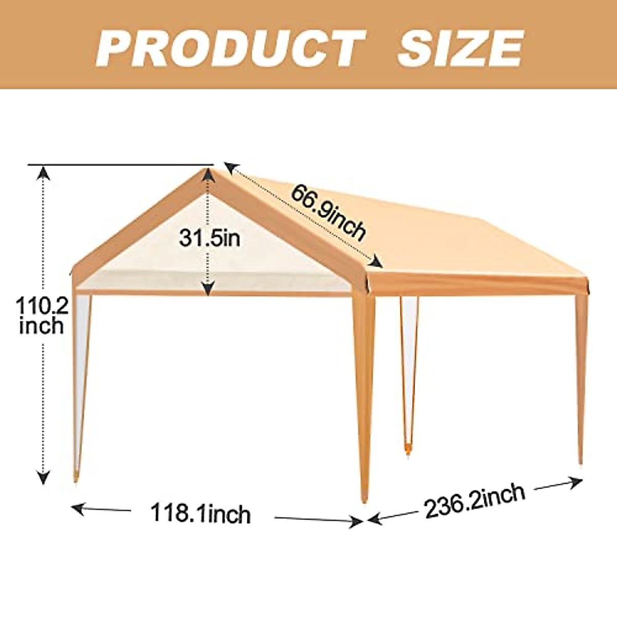 Eillion 10x20 Canopy Replacement Cover with Ball Bungees, Orange Top Cover Tarp for Carport Portable Garage Tent Boat Shelter Frame, No Poles Only Roof