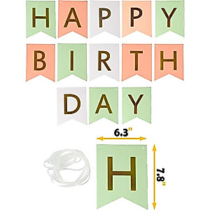 Pink Green White Happy Birthday Wall Banner| Mint Gold Glitter Peach Cream Paper Bundle with Birthday Queen Sash and Tiara, Birthday Girl Headband, Accessories