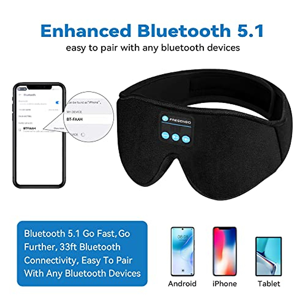 FREGENBO Sleep Headphones Eye Mask, 20-27 Adjustable Music 3D Sleep Mask Upgraded, Wireless Sleeping Headphones for Side Sleepers, HandsFree for Meditation Insomnia Travel(Black)