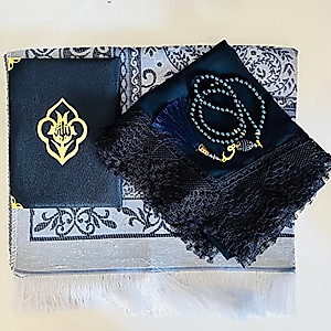 Muslim Prayer Rug, Yaseen Surah Pocket-Size Book, Fancy Shawl & Prayer Beads, Perfect Islamic Gift I Mawlid Gift I Suitable for Women, Kids I Soft Islamic Mat | Islamic Ramadan Eid Gifts (Blue)