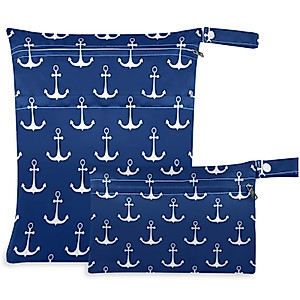 visesunny Classic Anchor Dark Blue 2Pcs Wet Bag with Zippered Pockets Washable Reusable Roomy for Travel,Beach,Pool,Daycare,Stroller,Diapers,Dirty Gym Clothes, Wet Swimsuits, Toiletries