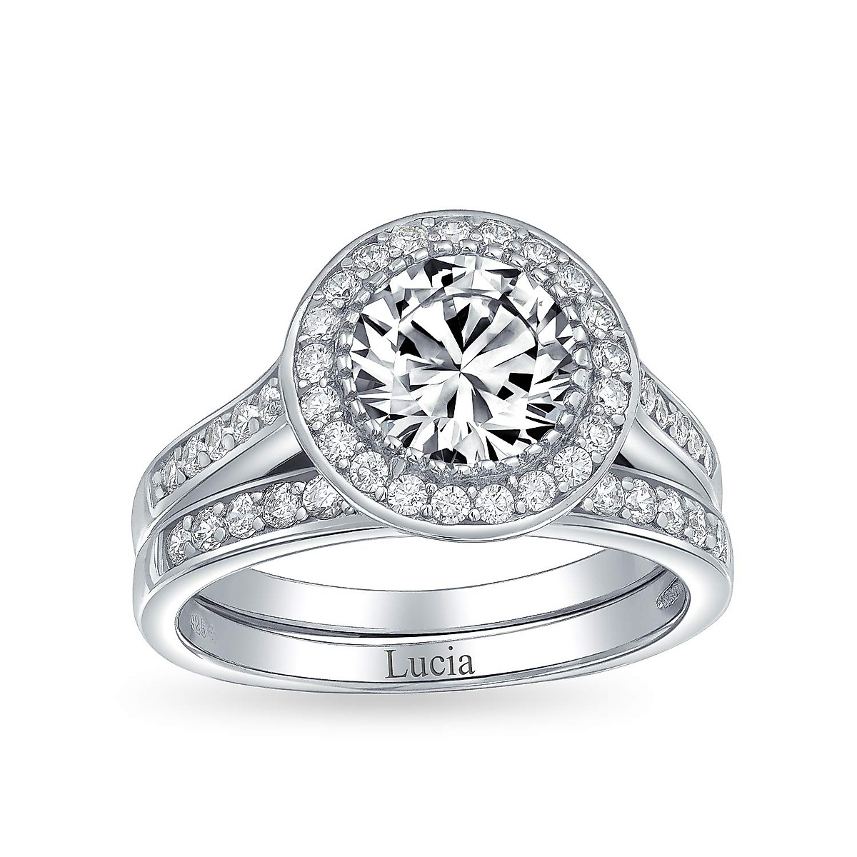 Circlet Art Dec Style 3CT Round Solitaire AAA CZ Halo Pave Band Inset Guard Enhancers Anniversary Engagement Wedding Ring Set For Women .925 Sterling Silver