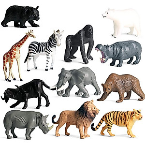 Kvohzbl Mini Wild Animal Toys, Forest Animal Dolls, African Savannah Lion, Tiger, Giraffe, Zebra, Bear, Elephant, Rhinoceros Animal Model Toys, Children's Gifts (12 Pieces)