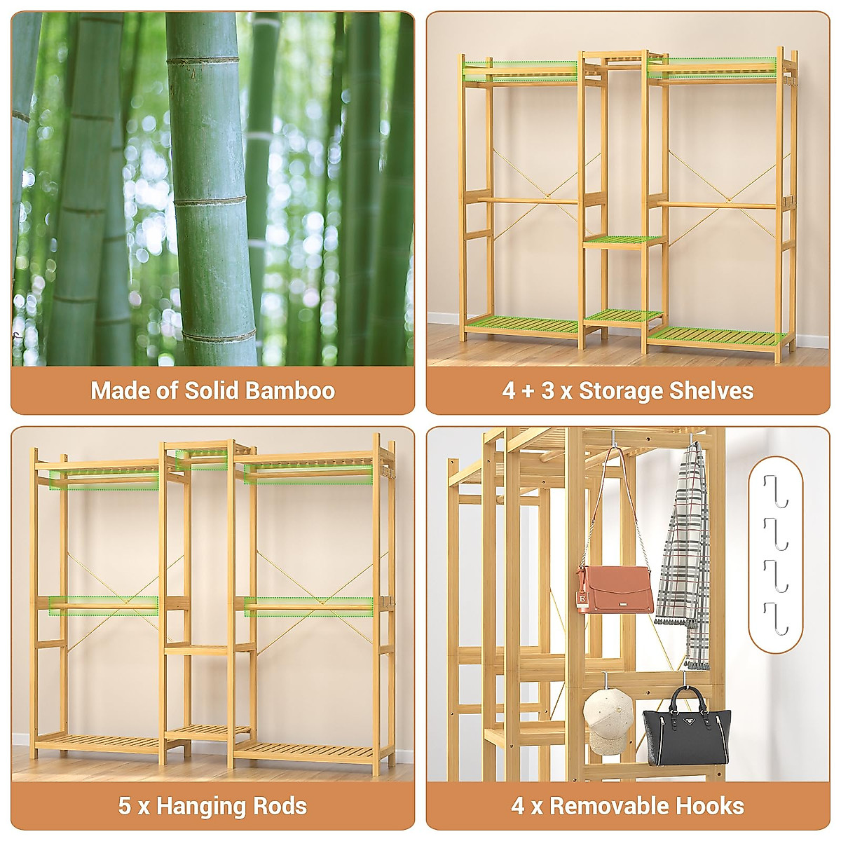 Homykic Bamboo Closet System Clothes Rack, Large Freestanding Garment Rack Clothing Rack for Hanging Clothes with 7 Storage Shelves and 5 Rods, Open Wardrobe Organizer with 4 Hooks, Natural