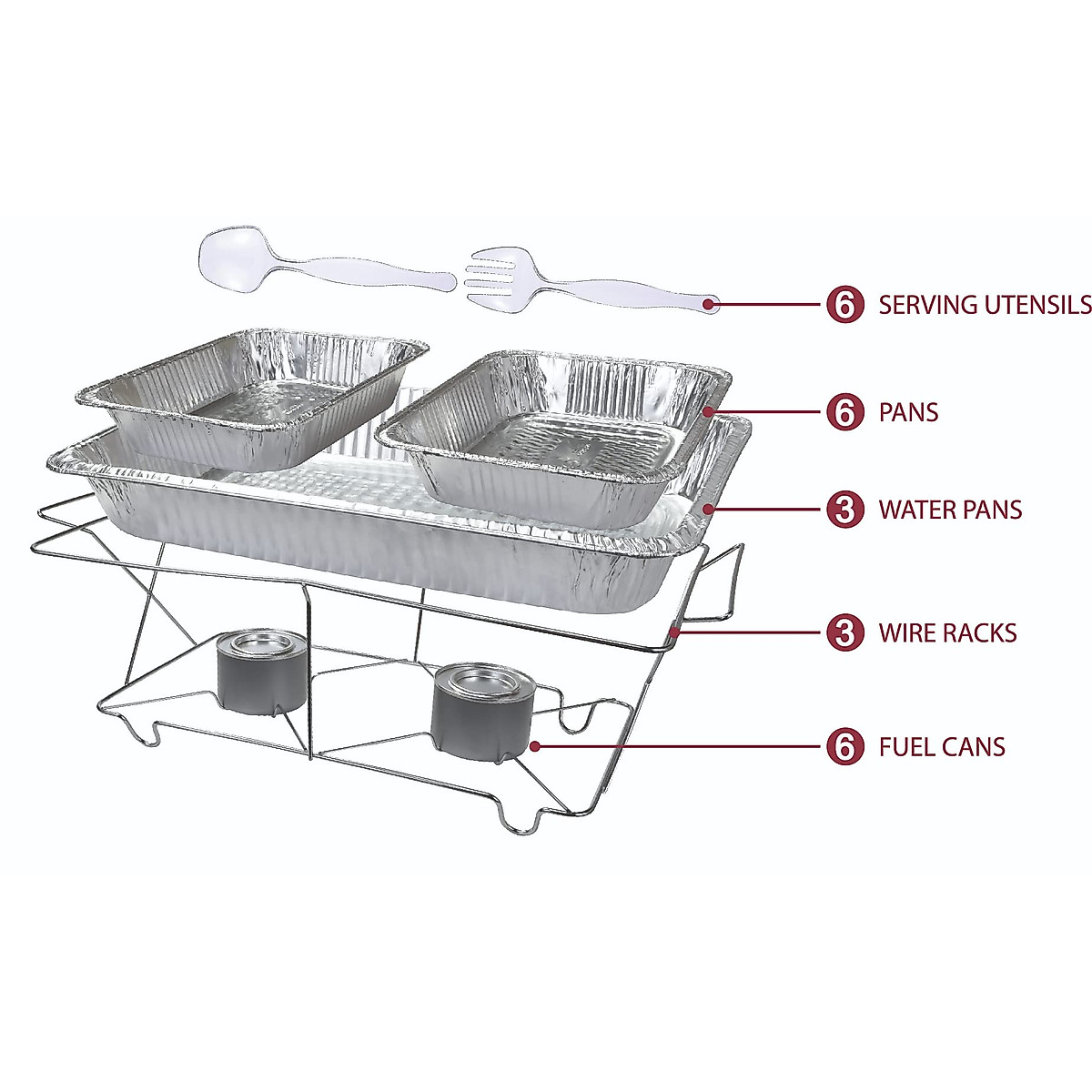 24 Piece Party Serving Kit Includes Chafing Dish Buffet Set and Serving Utensils For All Types Of Parties And Events, 3 complete Disposable Party Sets