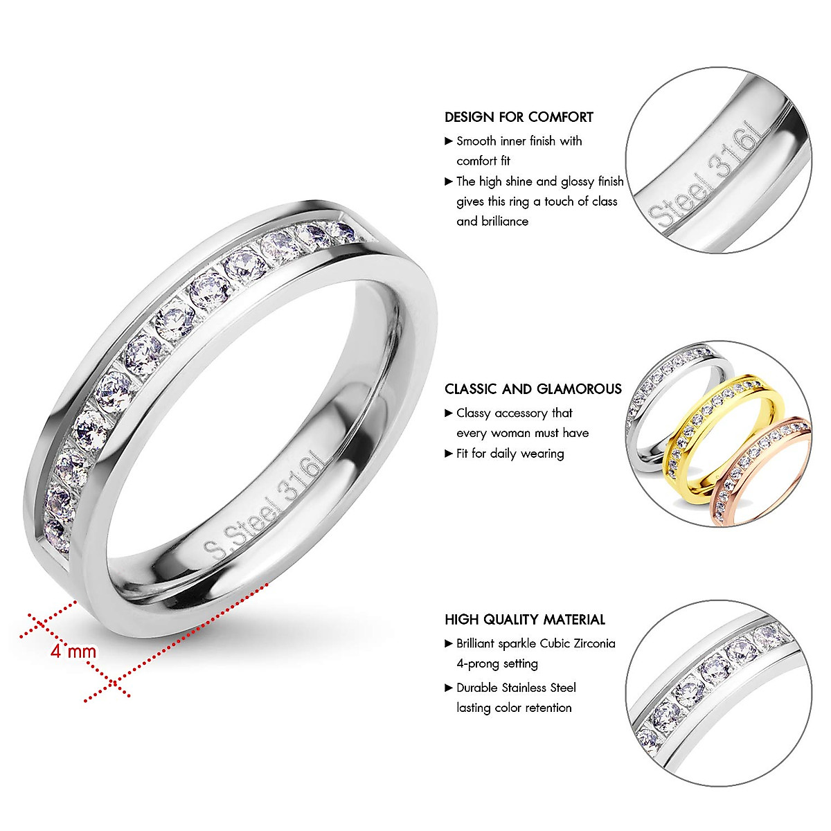 555Jewelry Womens Stainless Steel Real Solid Cubic Zirconia CZ Diamond Sparkle Shiny Engagement Wedding Promise Fashion Band Classic Jewelry Band Ring, Silver Size 6