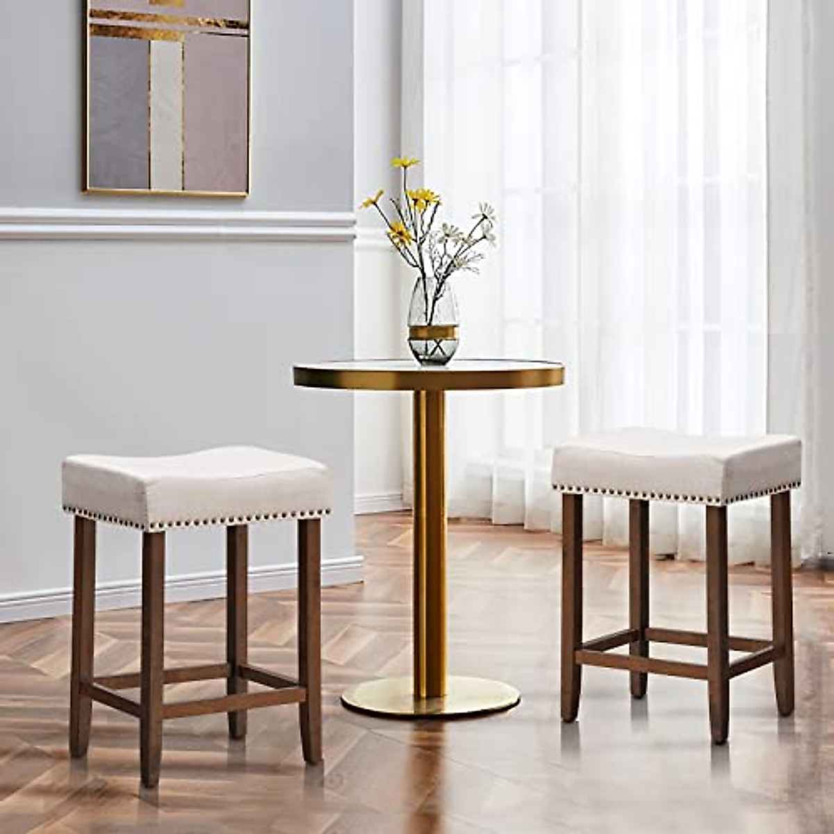 ERGOMASTER Counter Height Bar Stools Set of 2 Backless Fabric Barstools 24-Inch Modern Wood Saddle Bar Stools with Nailhead Trim for Kitchen Island Counter Tabel - Beige/Brown,2-Pack