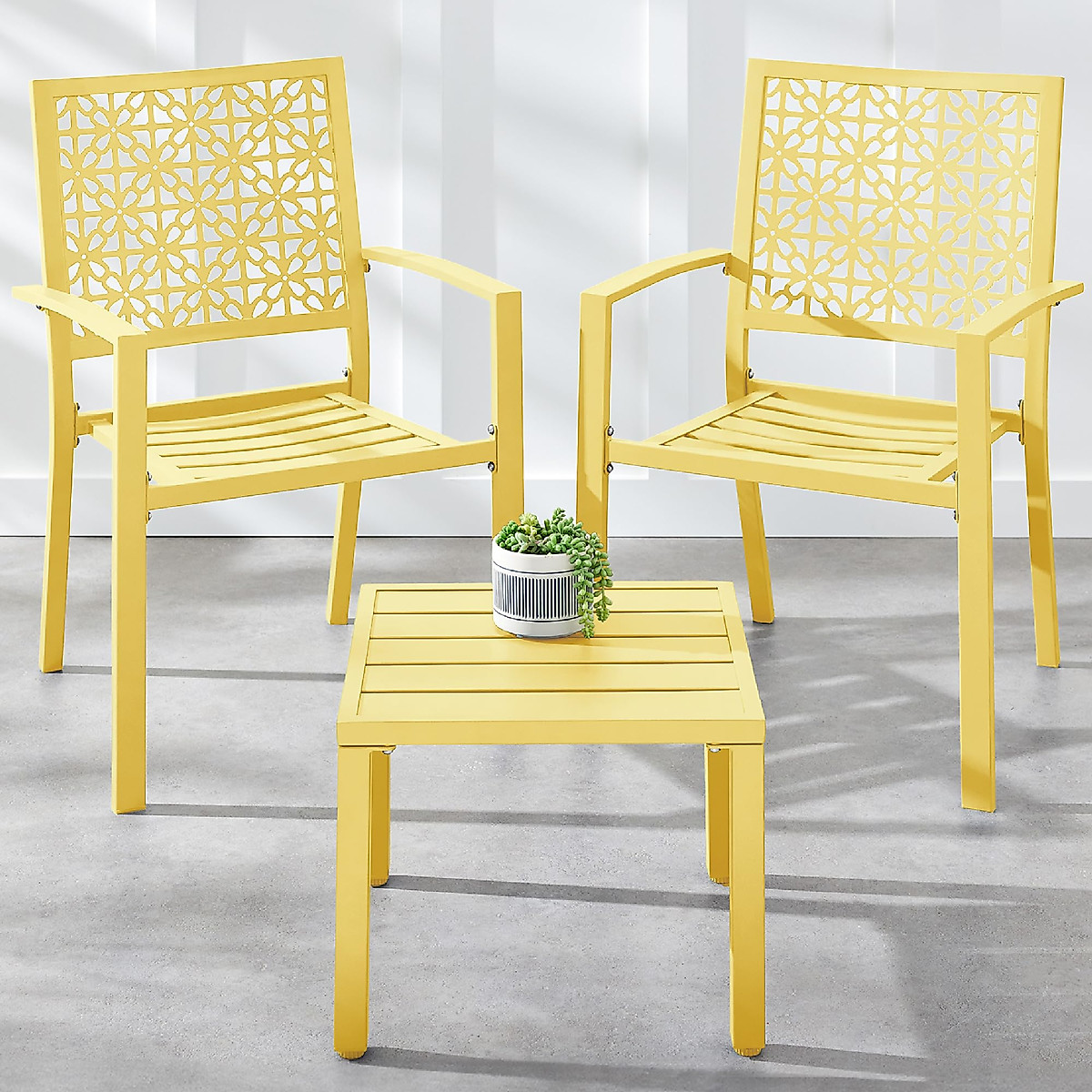 Best Choice Products 3-Piece Outdoor Bistro Set, Stackable Modern Steel Furniture for Porch, Garden w/ 2 Chairs, Table, Geometric Decor - Yellow