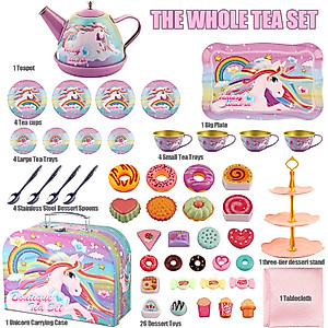 efubaby 47PCS Tea Party Set for Little Girls, Unicorn Tea Set Toys Including Teapot Cups Dessert Plates & Carrying Case, Kids Toys for Tea Party Supplies Kitchen Pretend Play for Girls Boys Age 3-12