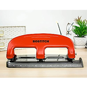 Bostitch Office Three Hole Punch Ez Squeeze Hole Puncher 20 Sheet Standard - Metal Construction - Red