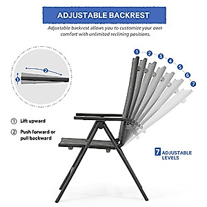 Soleil Jardin Outdoor Patio Dining Set for 4 with Aluminum Frame, 5 Piece Dining Table Set with 4 Adjustable Padded Folding Reclining Chairs & 1 Glass Top Table w/1.77” Umbrella Hole, Dark Gray
