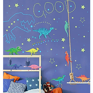 Glow in The Dark Dinosaur Wall Decals - 652Pcs Dinosaur Wall Stickers for Boys Room,Kids Wall Decor Stars for Baby Nursery Boys Bedroom Ceiling (Green Dinosaur)