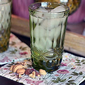 WHW Whole House Worlds Baroque Highball Tumbler Glasses, Set of 6, Translucent Green, Glass, Weighted, 12 Fluid ounces/ 300 ml, 5 Inches Tall, Faceted and Beaded Arabesque Patterns