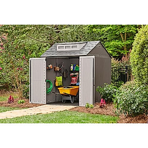 Rubbermaid Large Resin Outdoor Storage Shed With Floor (7 x 7 Ft.), Weather Resistant, Brown, Organization for Home/Lawn Mower/Backyard Equipment/Bike Storage/Pool Supplies