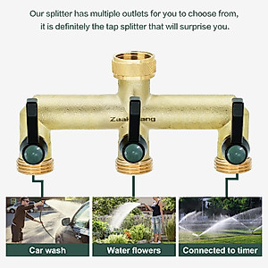 ZaakWang Brass Garden Hose Splitter, 3/4" 3 Way Tap Splitter,Hose Tap Splitter Connection with 3 Individual On/Off Valve and Extended Handle, Hose Pipe Tap Splitter for Garden Outdoor Home