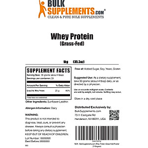 BulkSupplements.com Grass Fed Whey Protein Powder - Unflavored Whey Protein Powder, Grass Feed Whey Protein Concentrate - Gluten Free, 30g per Serving, 1kg (2.2 lbs) (Pack of 1)
