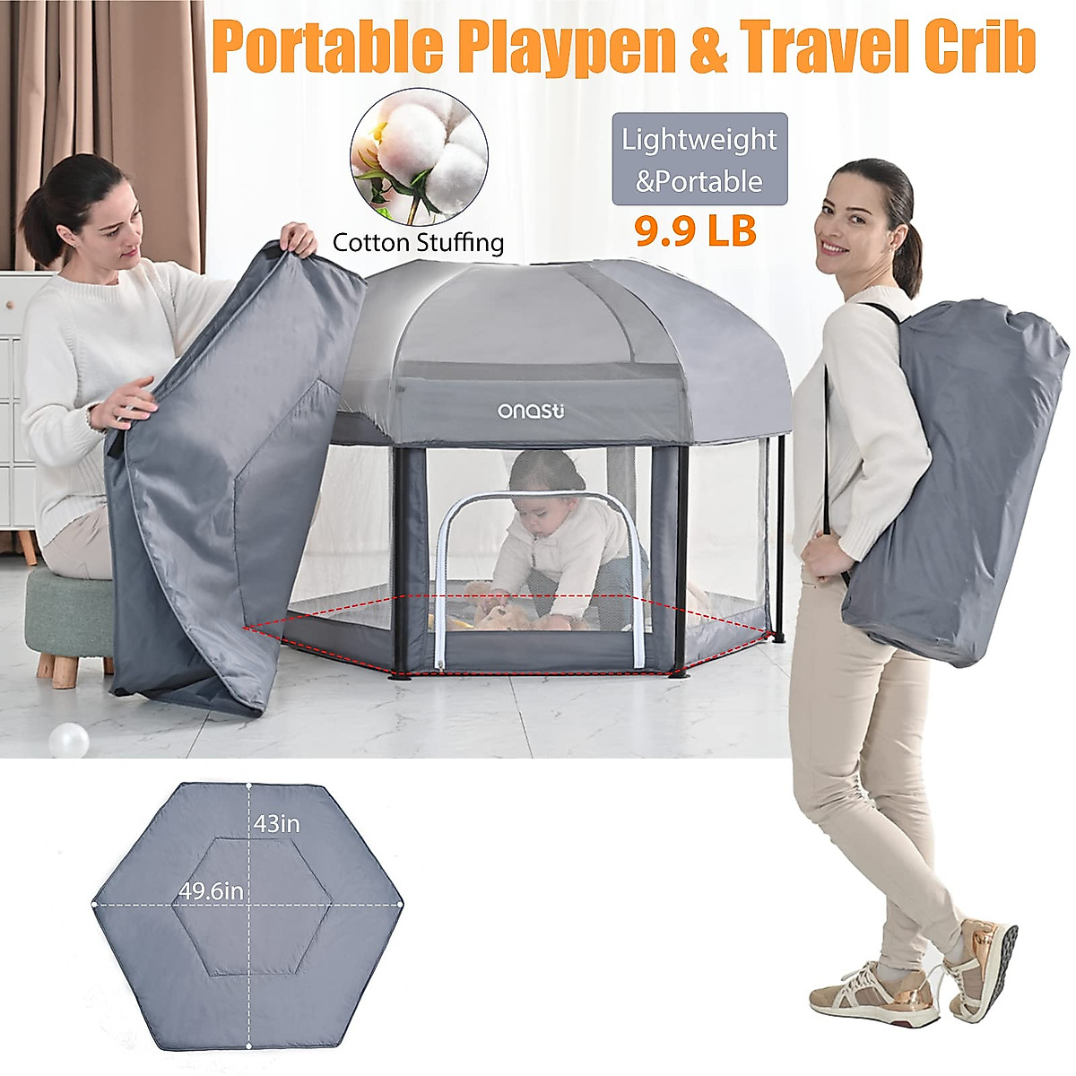 Baby Playpen Foldable Indoor & Outdoor, Onasti Play Yard with Children's Soft Mat, Compact Fence Packable Dome UV Protection, Suitable for Travel/Beach/Picnic Activity Center (Hexagon)