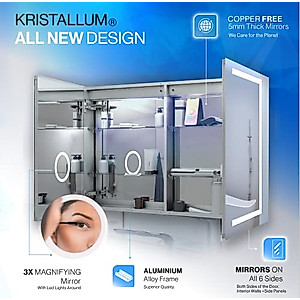 KRISTALLUM Bathroom Mirror Cabinet - 48x32 Surface or Recessed LED Medicine Cabinet with Lights w/Wireless Switch + Anti Fog/Waterproof/Dimmable/ 3 Colors Warm/Natural/White CRI >90, ETL Certified