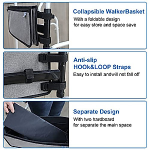 MDSTOP Walker Basket, Walker Bag Water Cup Holder, Foldable Walker Attachment Hands-Free Storage Bag for Elderly, Senior, Large Capacity with Zippered Phone Pocket (Not Fit Rollator Walkers) (Grey)