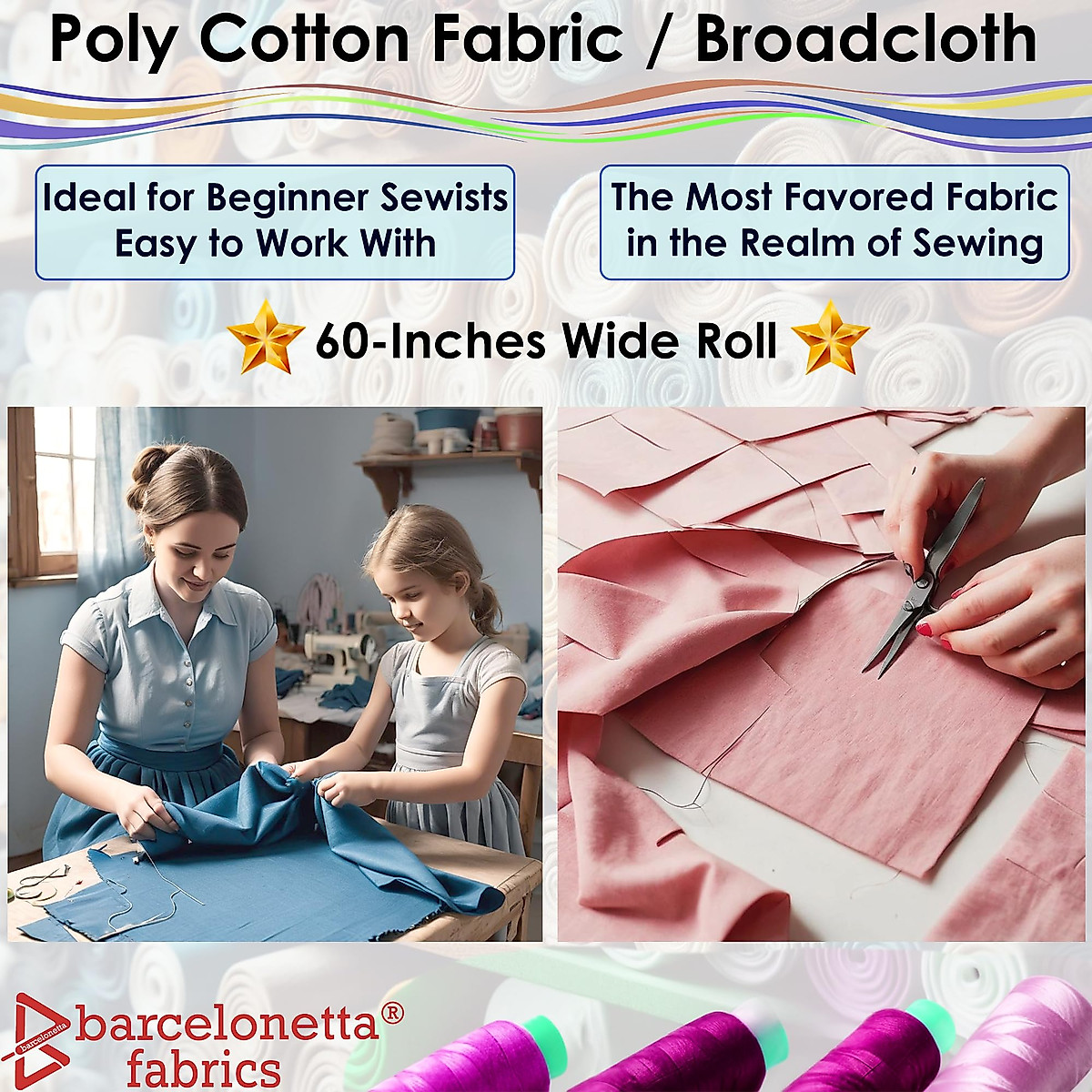 Barcelonetta | Poly Cotton Fabric for Sewing | Broadcloth Fabric | by The Yard | 60" Wide Roll | Lightweight, Breathable | Lining, Home Textile, Skirts, Tote Bags (White, 2 Yard)