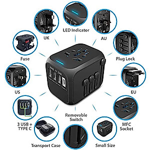 Universal Travel Adapter - International Worldwide Plug Kit, Type C + 3 USB Power Charger, 200 Countries - UK, European, Asia, Israel, India, Italy, Argentina, France, New Zealand, Australia and etc.