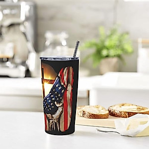 DEUASS American Christianity Cross Patriotic Flag 20oz Tumbler With Lid And Straw Stainless Steel Vacuum Insulated Coffee Travel Mug Thermal Cup For Outdoor