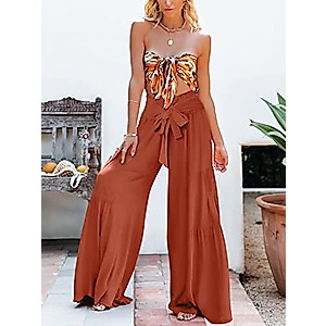 JURIS Women's Tiered Flowy Palazzo Pants Elastic High Waisted Tie Knot Loose Wide Leg Pants XL Brick Red