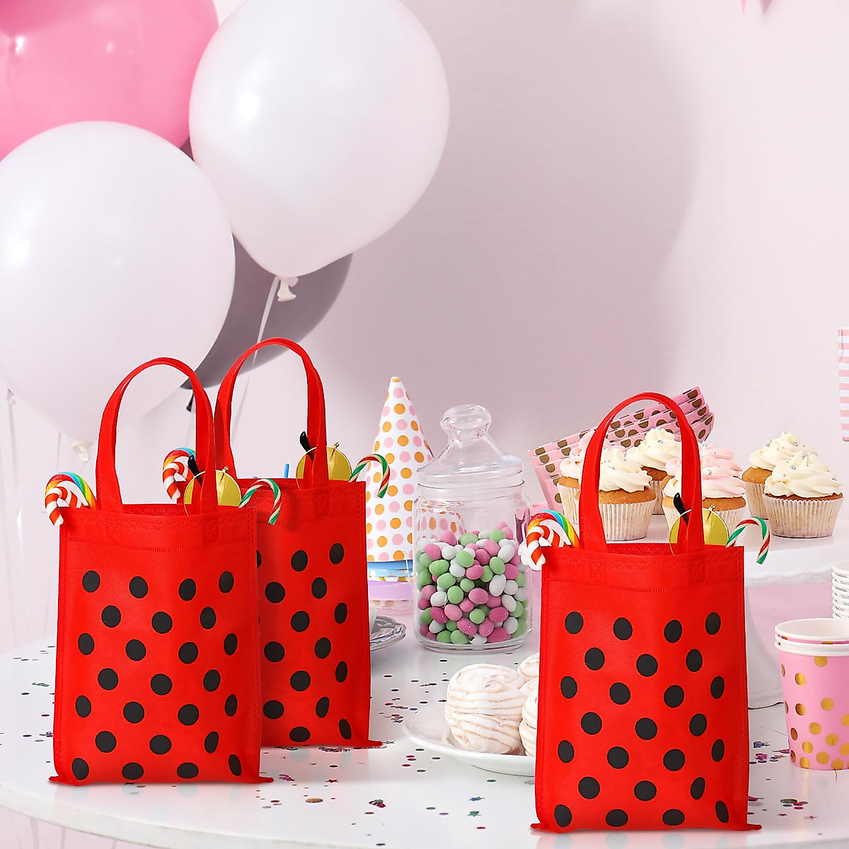 Sumind 24 Pieces Ladybug Party Favors Bags Ladybug Watermelon Goodie Gift Bags Red Black Polka Dot Non Woven Bag with Handles for Birthday Party Decoration Supplies