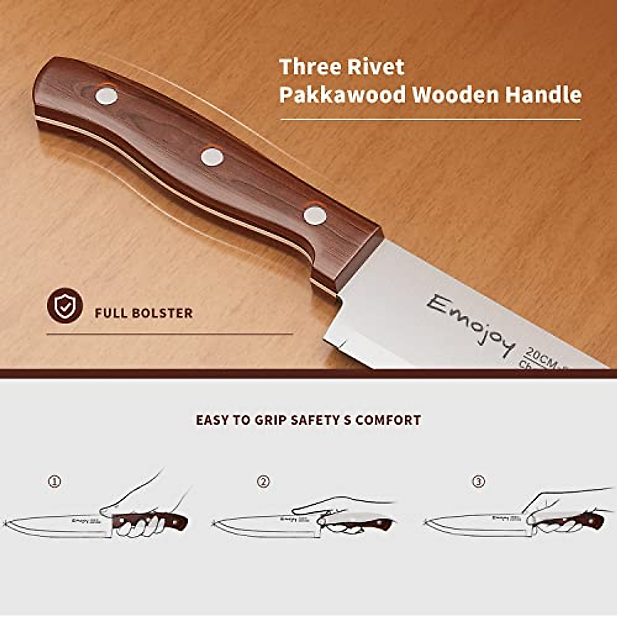 Emojoy Kitchen Knife Set,Knife Set for Kitchen with Block 6 Pcs High Carbon Stainless Steel Wooden Handle Knife Block Set without Steak Knives…